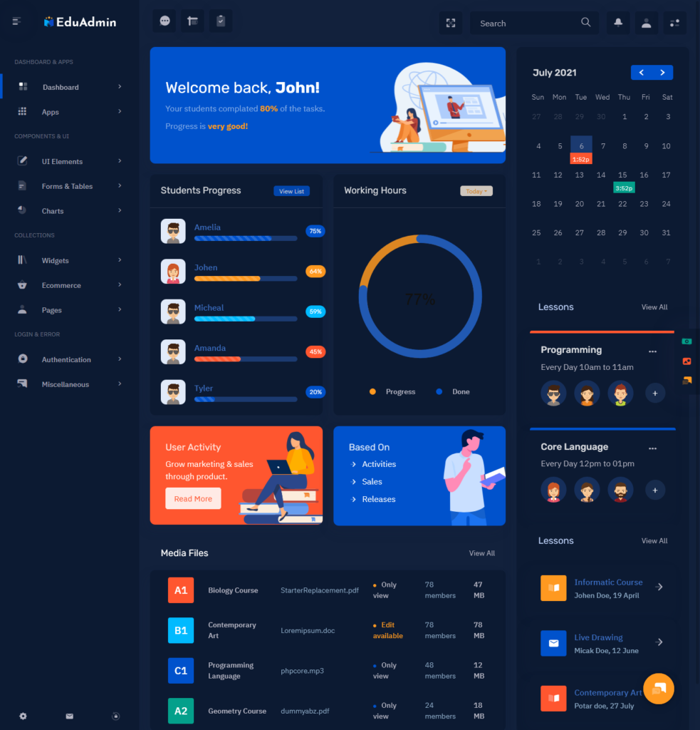 LMS dashboard Online Education Courses HTML Templates Admin Theme