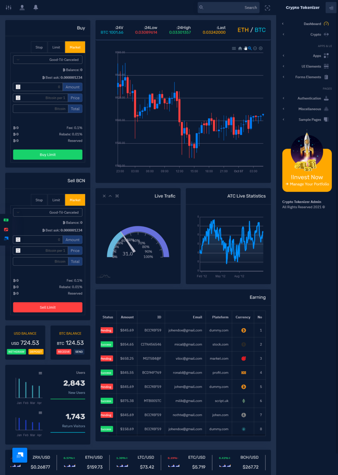 Tokenize CryptoCurrency Admin Templates with Stock Market Chart