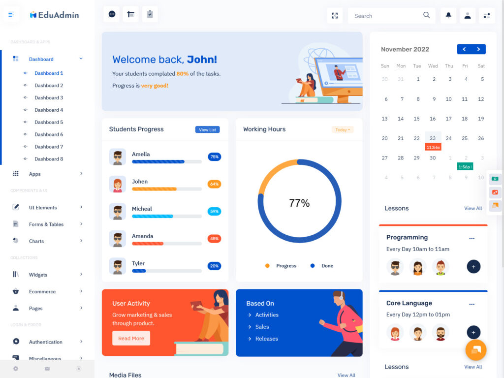LMS Dashboard education learning management system Bootstrap 5 UI Kit