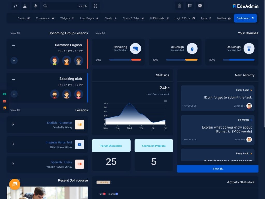 Online Education LMS Dashboard UI framework with Bootstrap 5