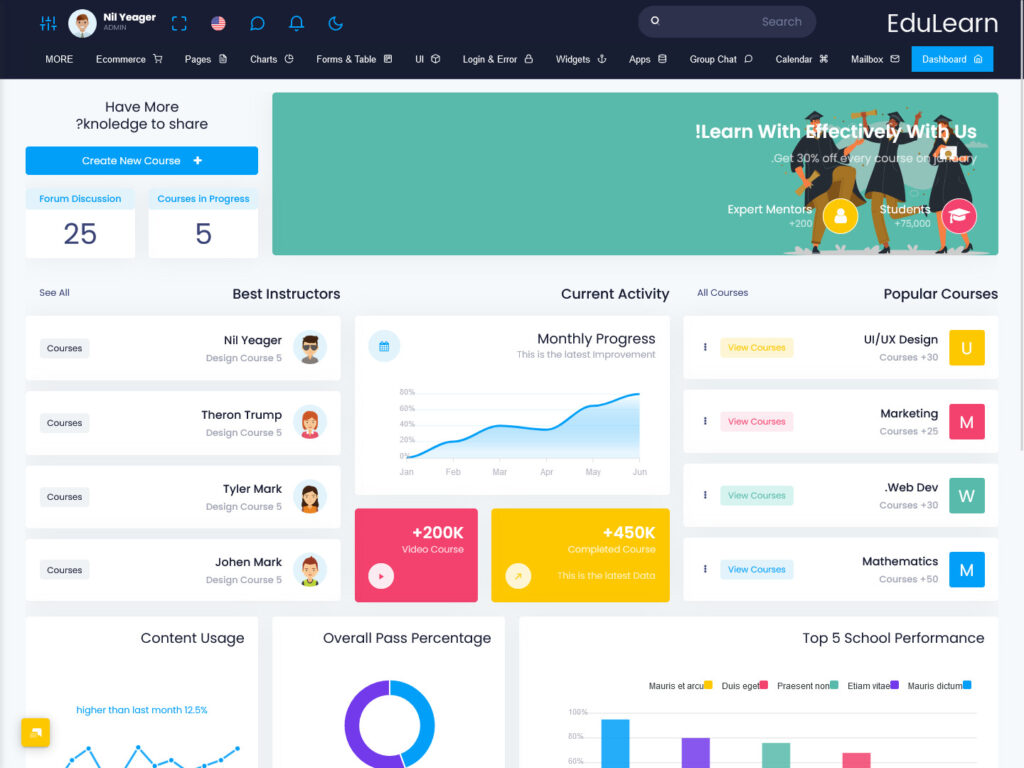Online Education LMS Dashboard UI framework with Bootstrap 5