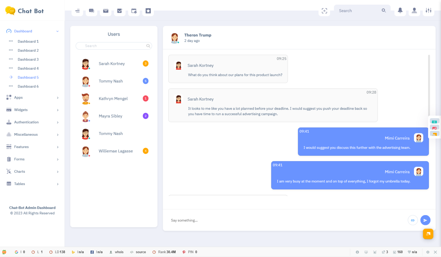 Chat bot software UI framework with Bootstrap 5 web apps