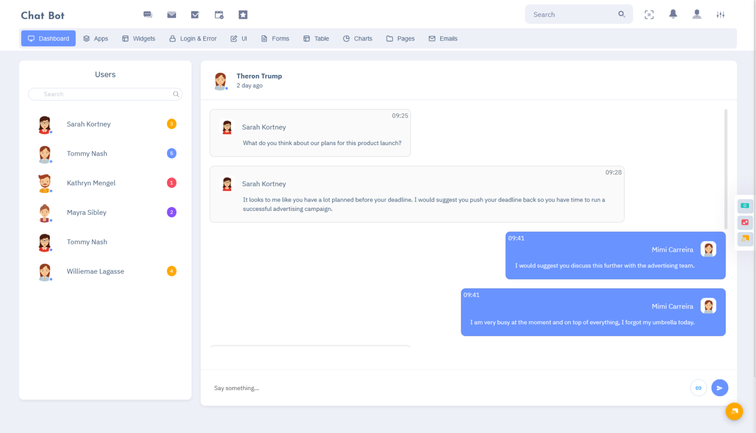 LTR Horizontal Admin Panel Dashboard Light of Chat Bot ui framework