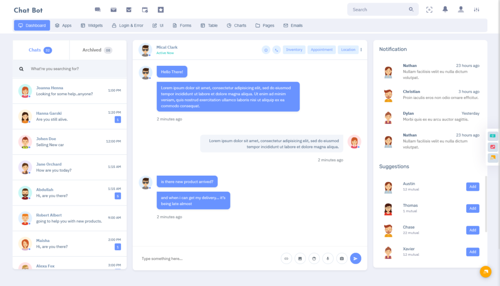 LTR Horizontal Admin Panel Dashboard Light of Chat Bot ui framework