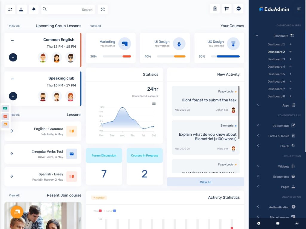 Creative Dashboard Design in RTL Style of Semi Dark Version - EduAdmin