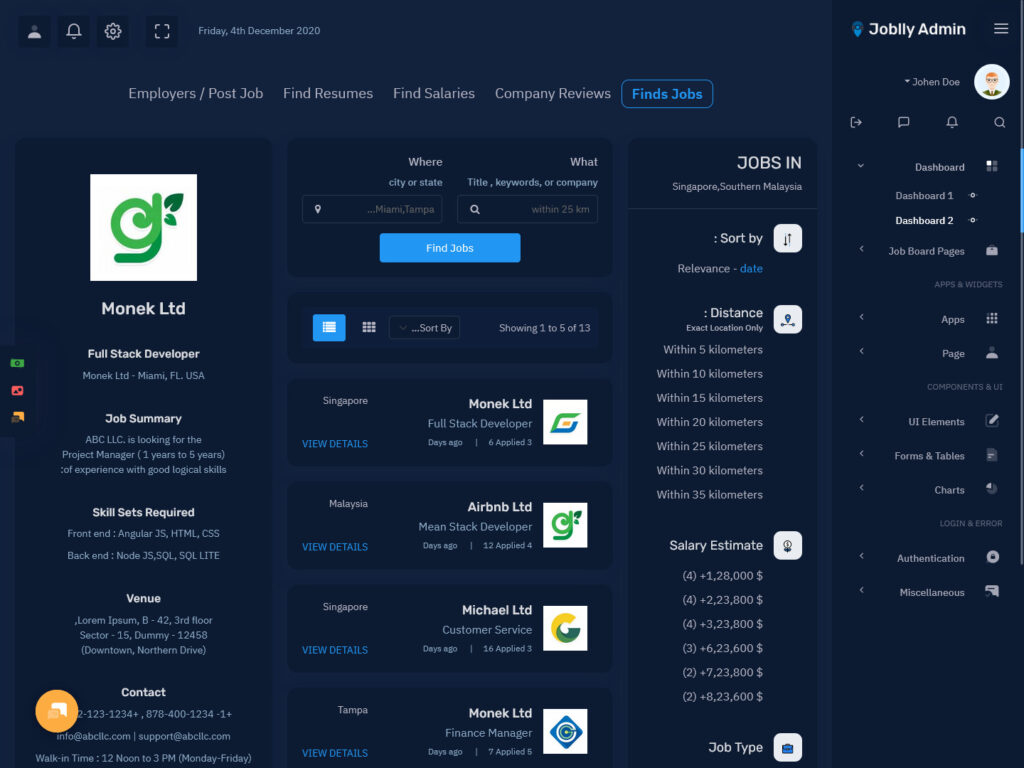 RTL Style Dark Version Software Dashboard Design - Joblly Admin Panel