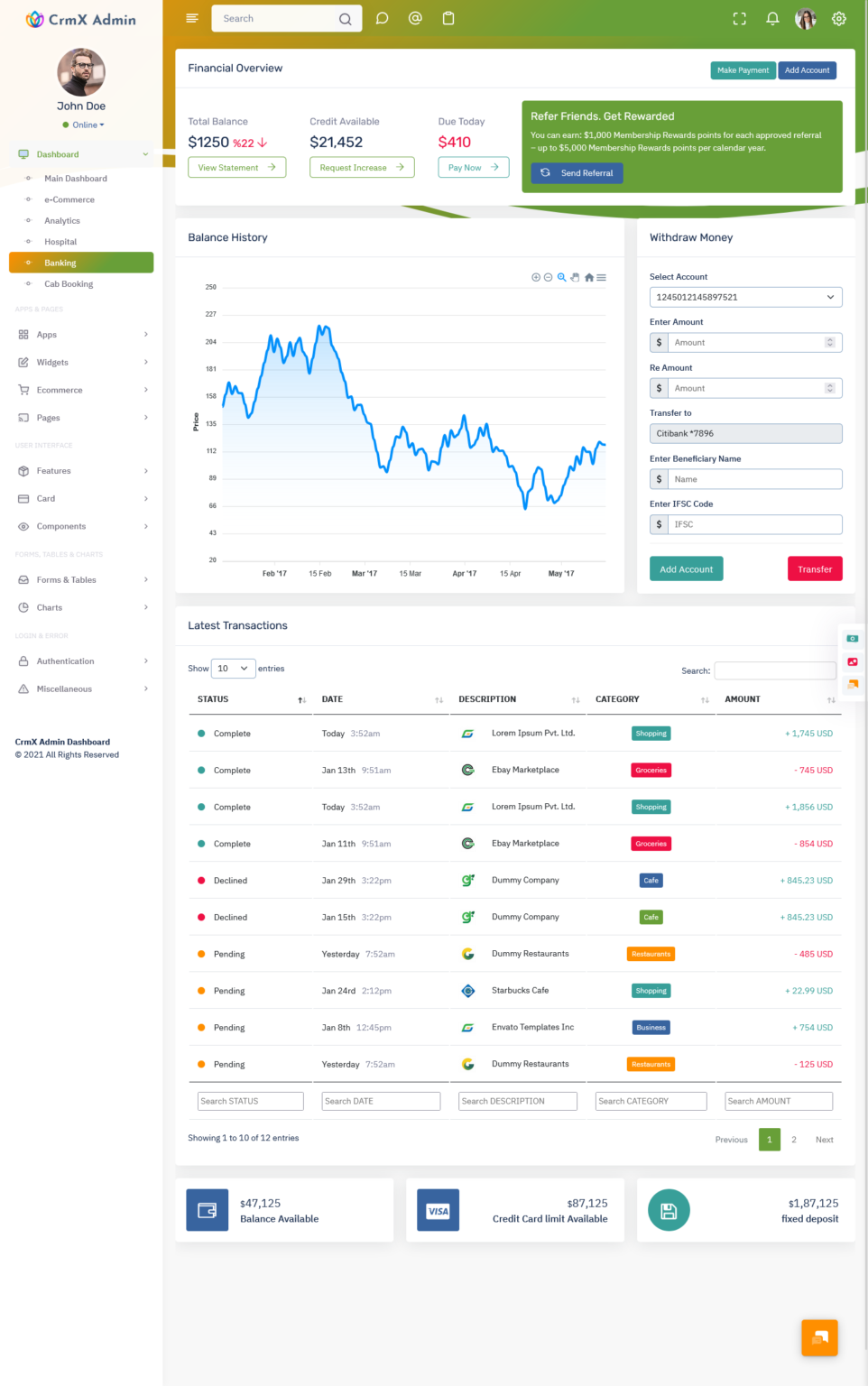 CRM Software Dashboard: Modern Layout for Banking Systems